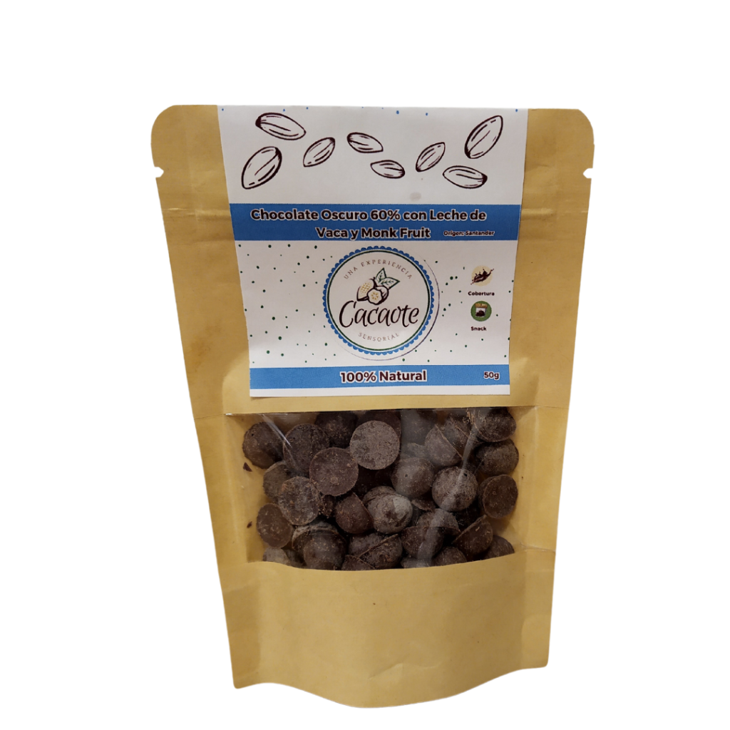 Chocolate Oscuro 60% cacao con leche de vaca y monk fruit Chips 50g ...